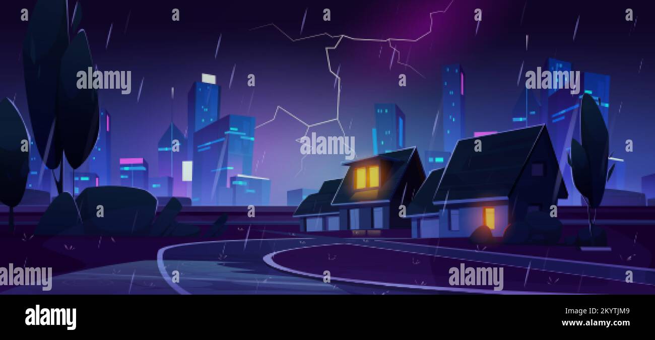 Rainy night in city suburb. Cartoon vector illustration of town street ...