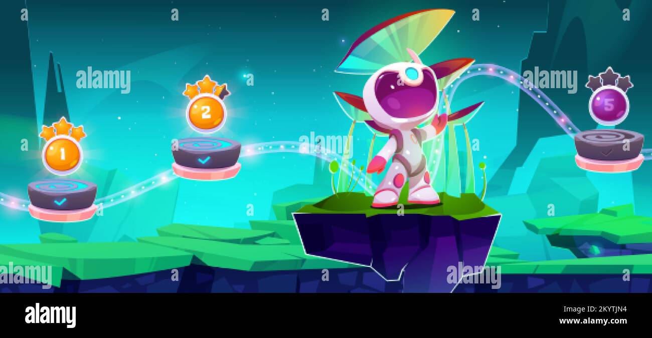 Space game, mobile arcade with kid astronaut on alien planet landscape ...