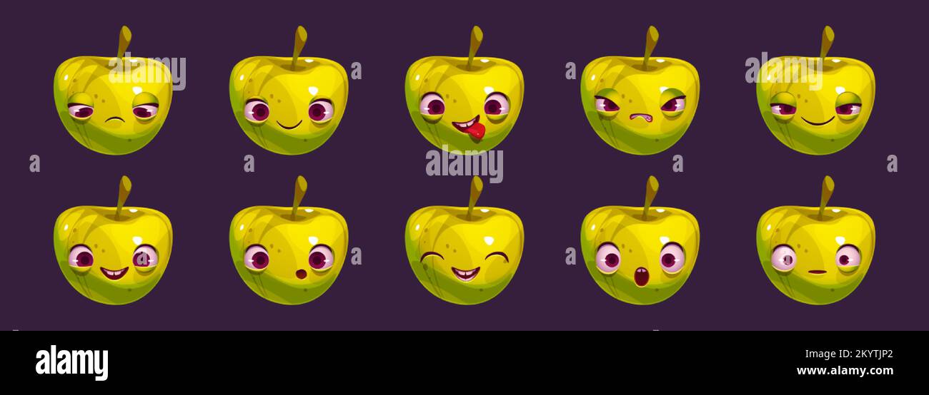 Cartoon green apple character with different emotions on face. Set of ...