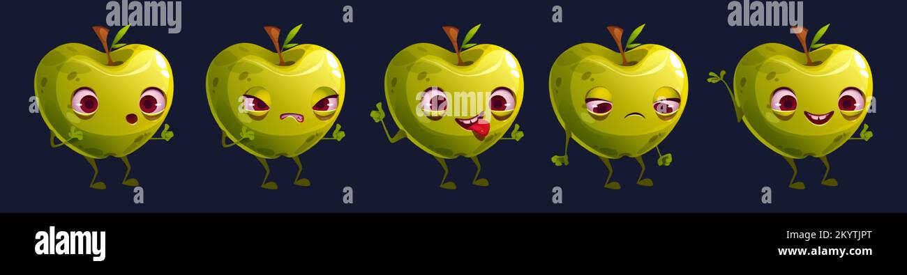 Cute green apple character face emoji set. Cartoon garden fruit facial ...