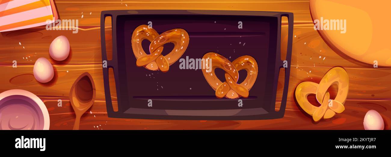 Top view kitchen table with pretzels on baking sheet. Vector cartoon ...