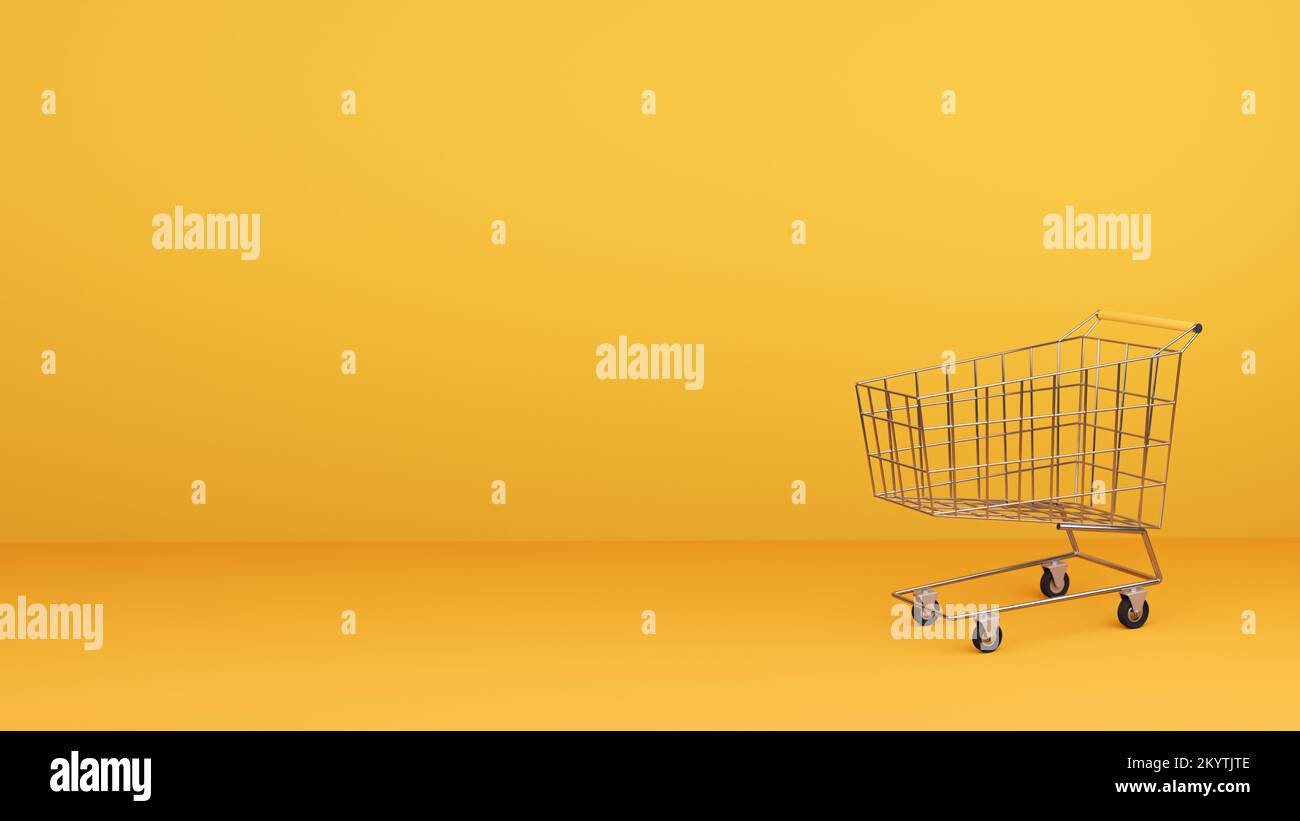 Empty shopping cart in bright yellow background, 3d rendering. Mockup ...