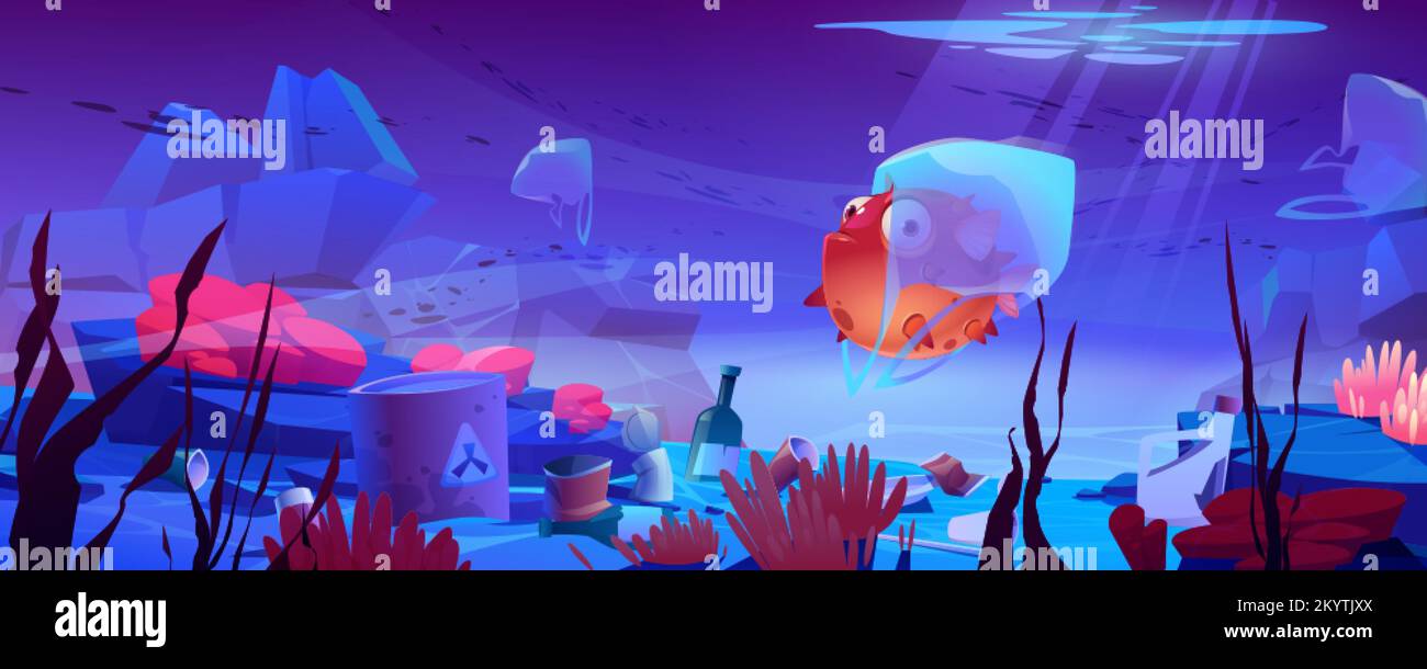 Ocean pollution concept with plastic trash and sad puffer fish in bag ...