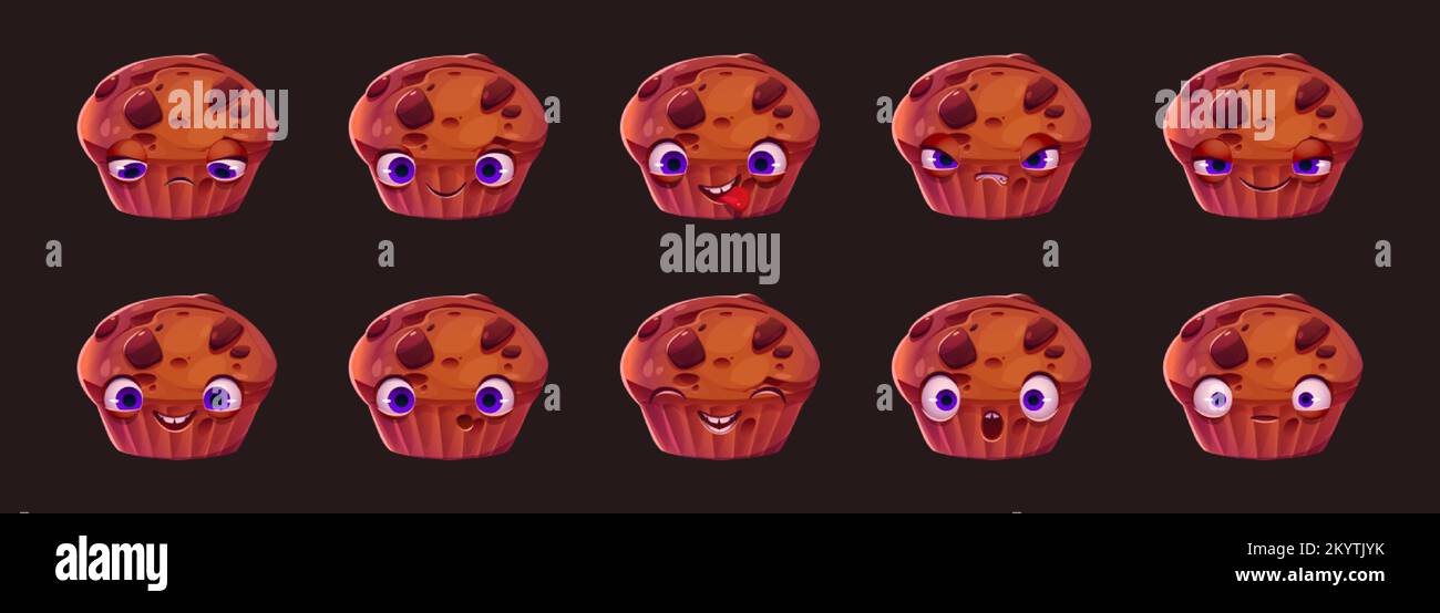 Emoji set with cute cake character. Funny cupcake with chocolate ...