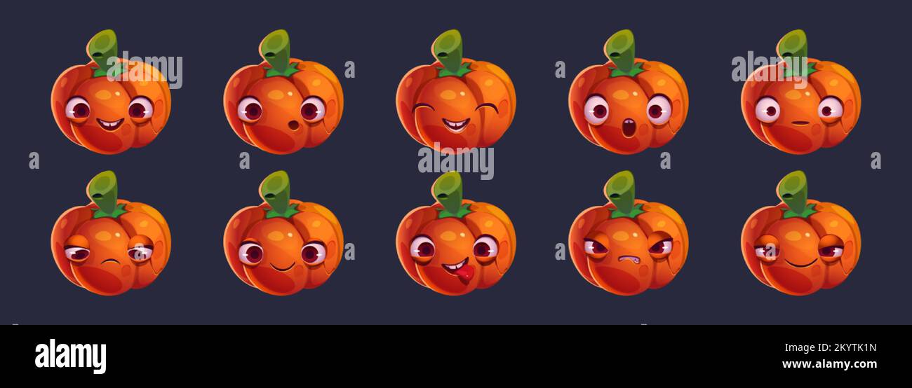 Cartoon pumpkin character with different emotions on face. Set of funny ...