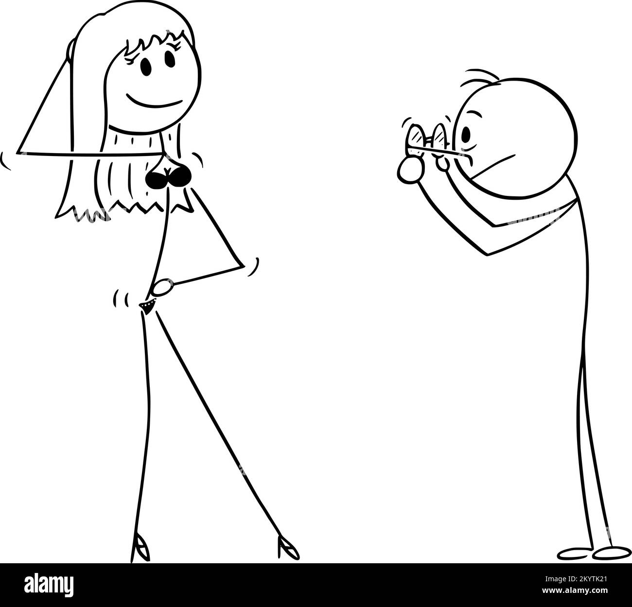 Man Cleaning His Glasses to See Sexy Woman, Vector Cartoon Stick Figure ...