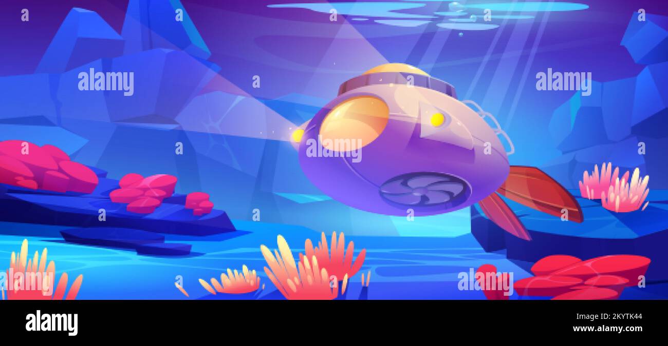 Submarine at underwater sea landscape with aquatic plants. Ocean bottom ...