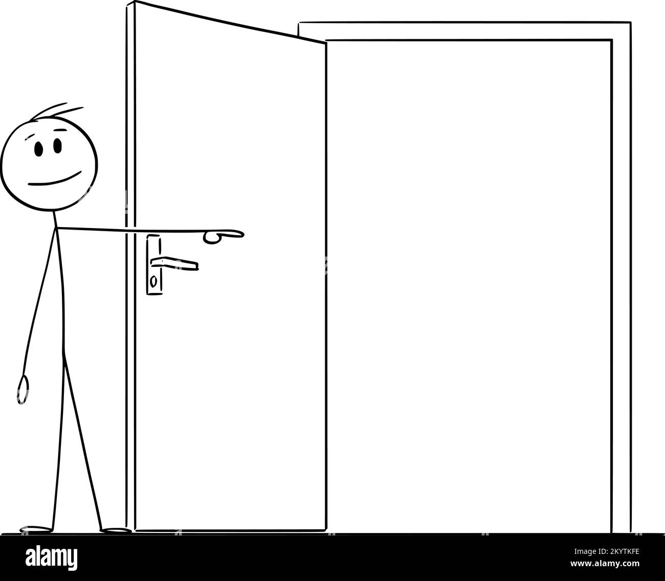 Person Inviting or Pointing at Open Door, Vector Cartoon Stick Figure ...