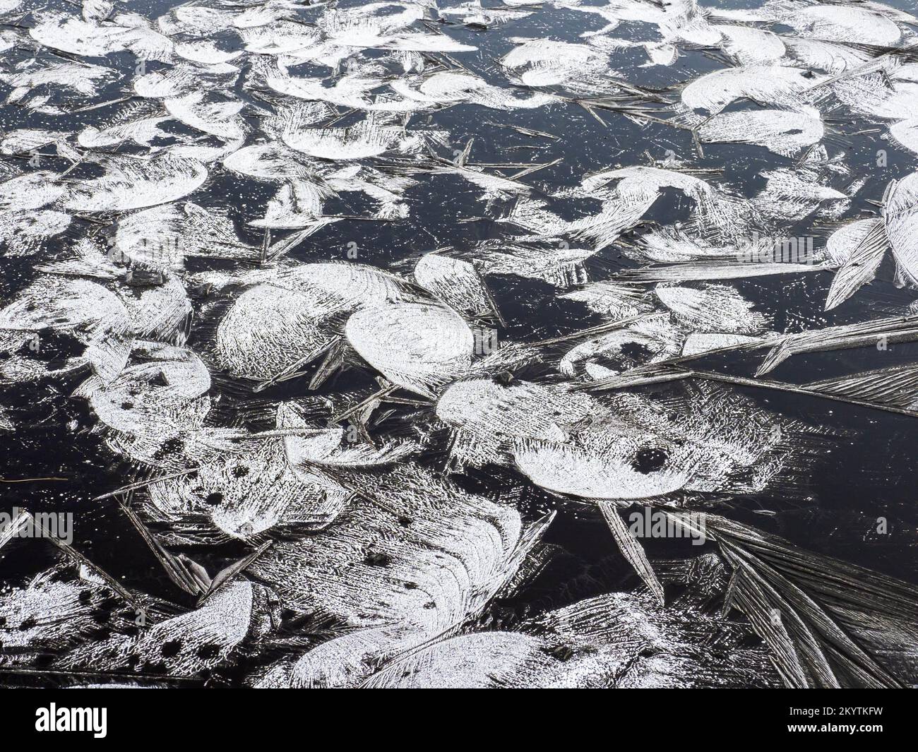 Ice patterns on a frozen tarn on the summit of Red Screes above ...