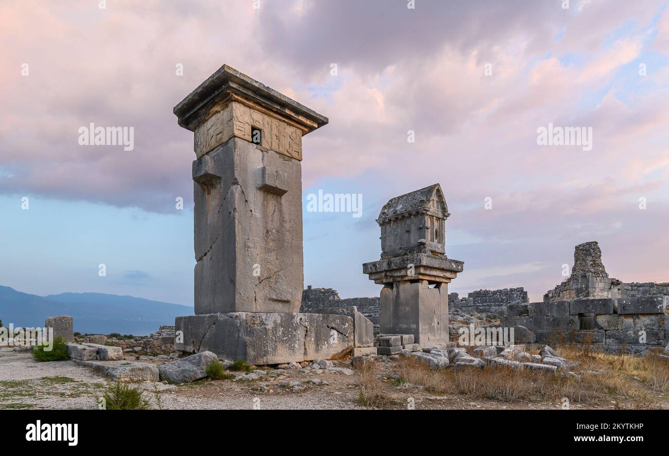 Xanthos Ancient City. Grave monument and the ruins of ancient city of ...