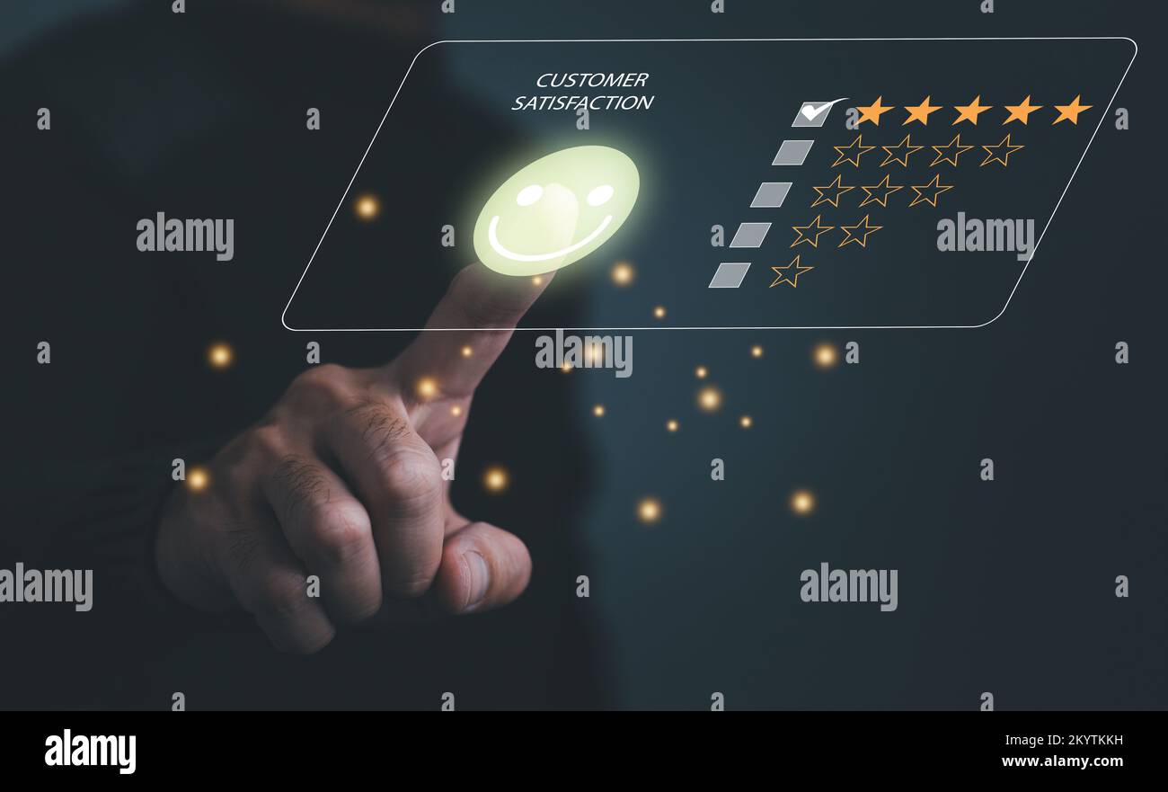 Businessman hand pressing on screen. Customer satisfaction survey ...