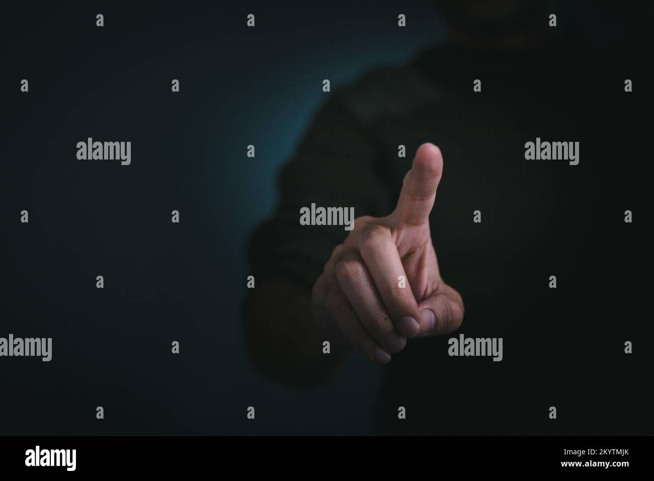 Businessman pressing button virtual screen. Hand pointing futuristic ...
