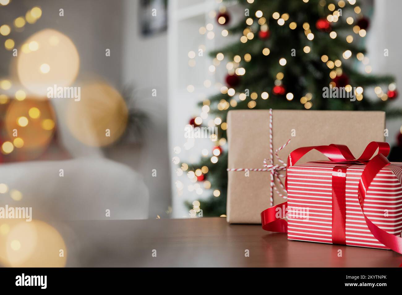 Christmas, New Year background with copy space. Empty wooden tabletop ...