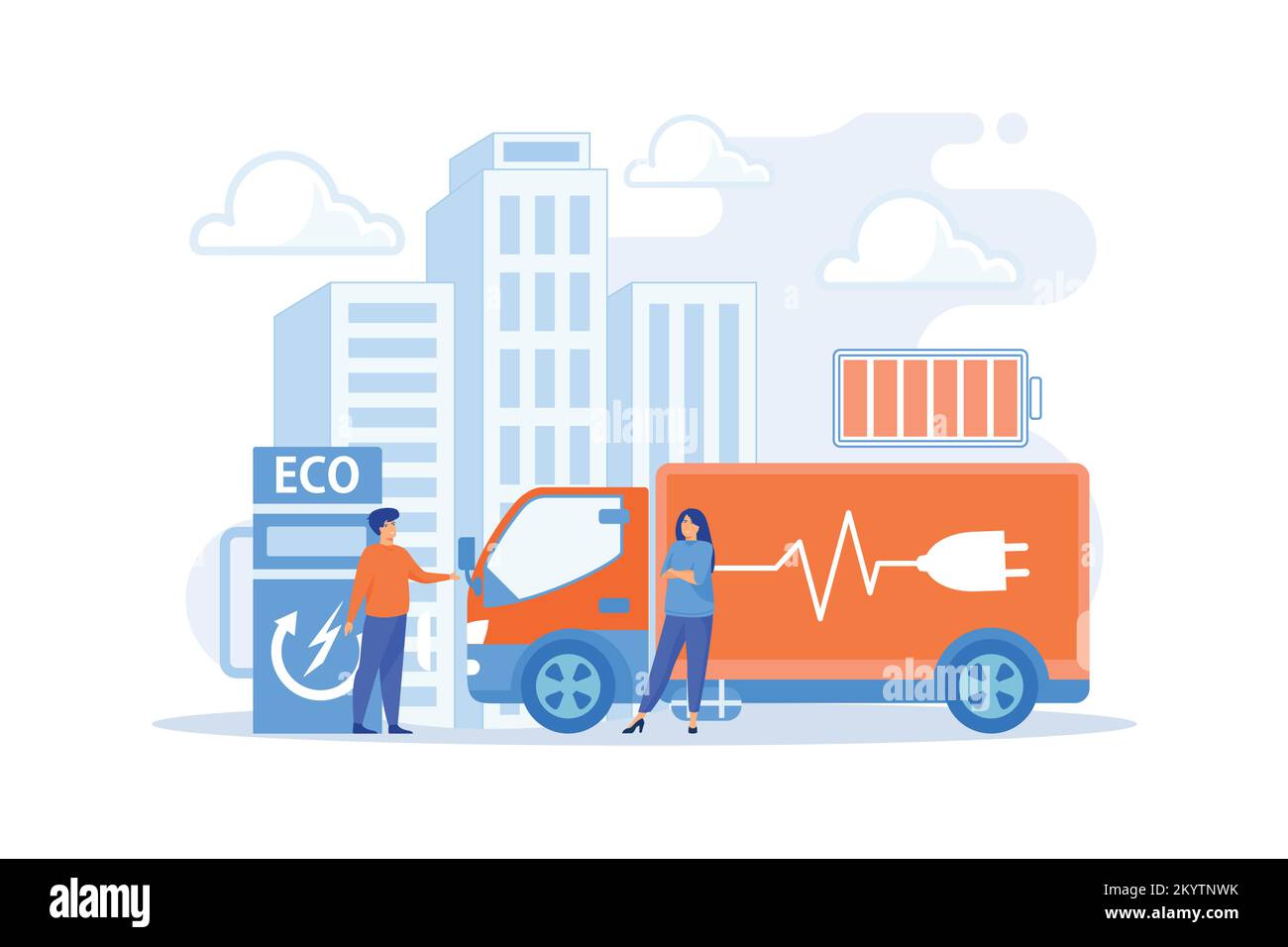 Eco-friendly elecrtic truck with plug charging battery at the charger station. Electric truck ...