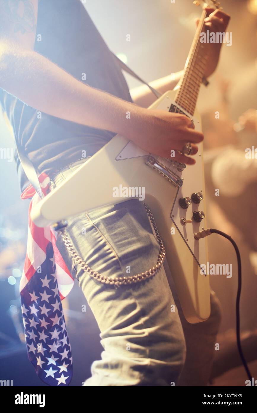 Guitar, man and performance in USA at night on stage, party and concert ...