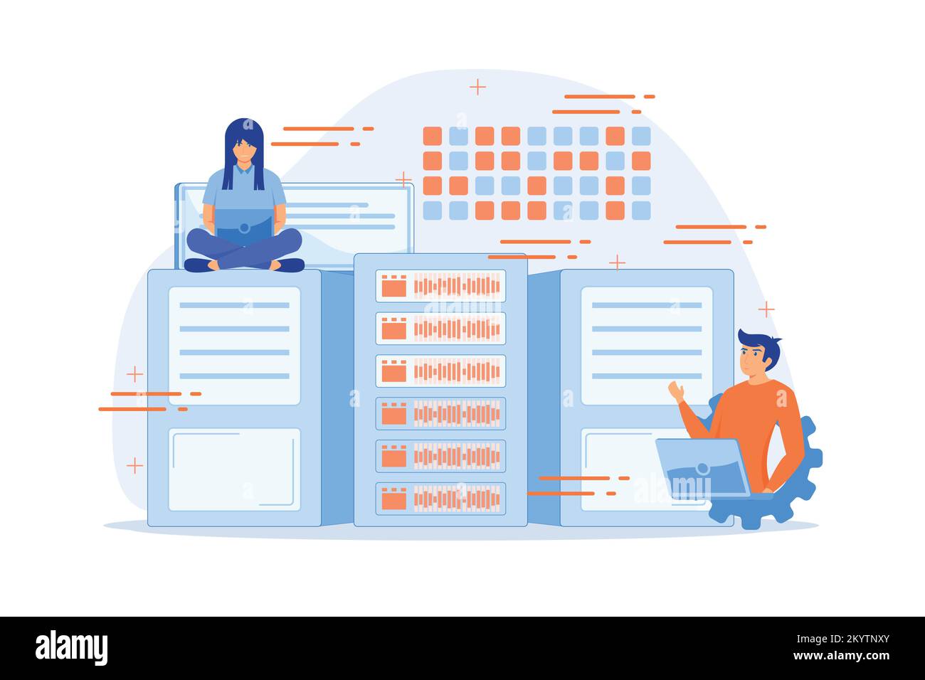 Database analysts with laptops working with data in the center. Big ... Database analysts with laptops working with data in the center. Big ...