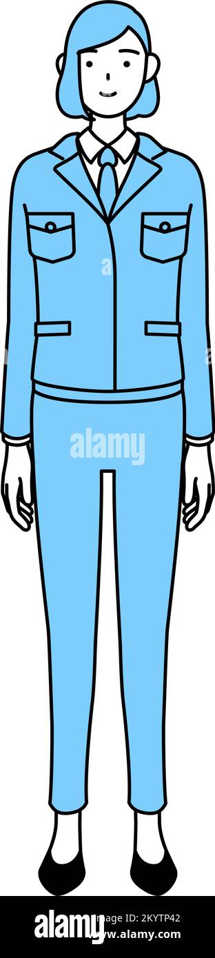 Simple line drawing illustration of a woman in work wear with his hands ...