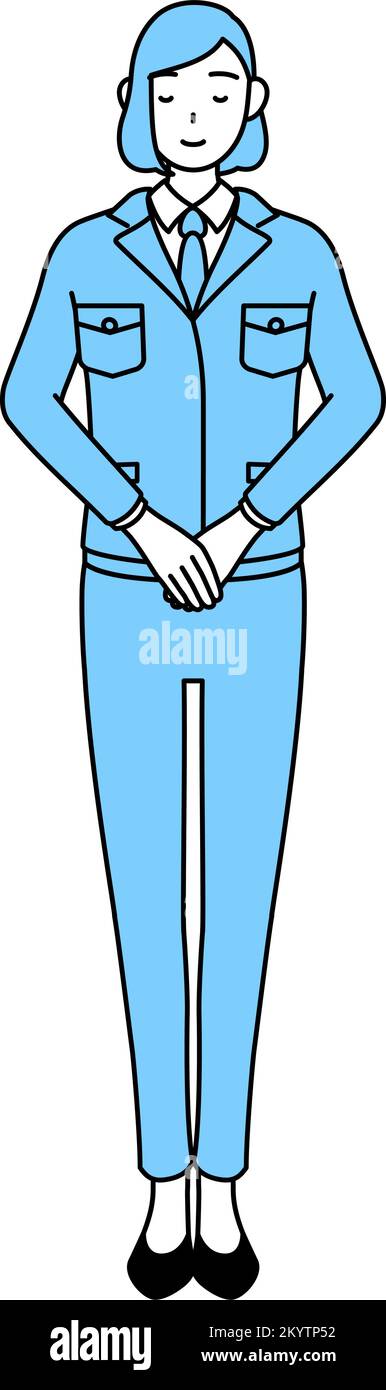 Simple line drawing illustration of a woman in work wear lightly bowing ...