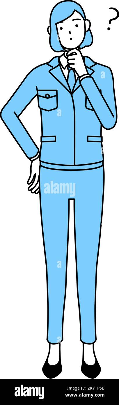 Simple line drawing illustration of a woman in work wear with questions ...