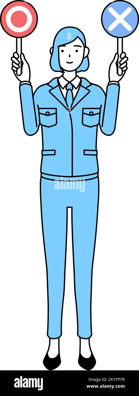 Simple line drawing illustration of a woman in work wear holding a ...