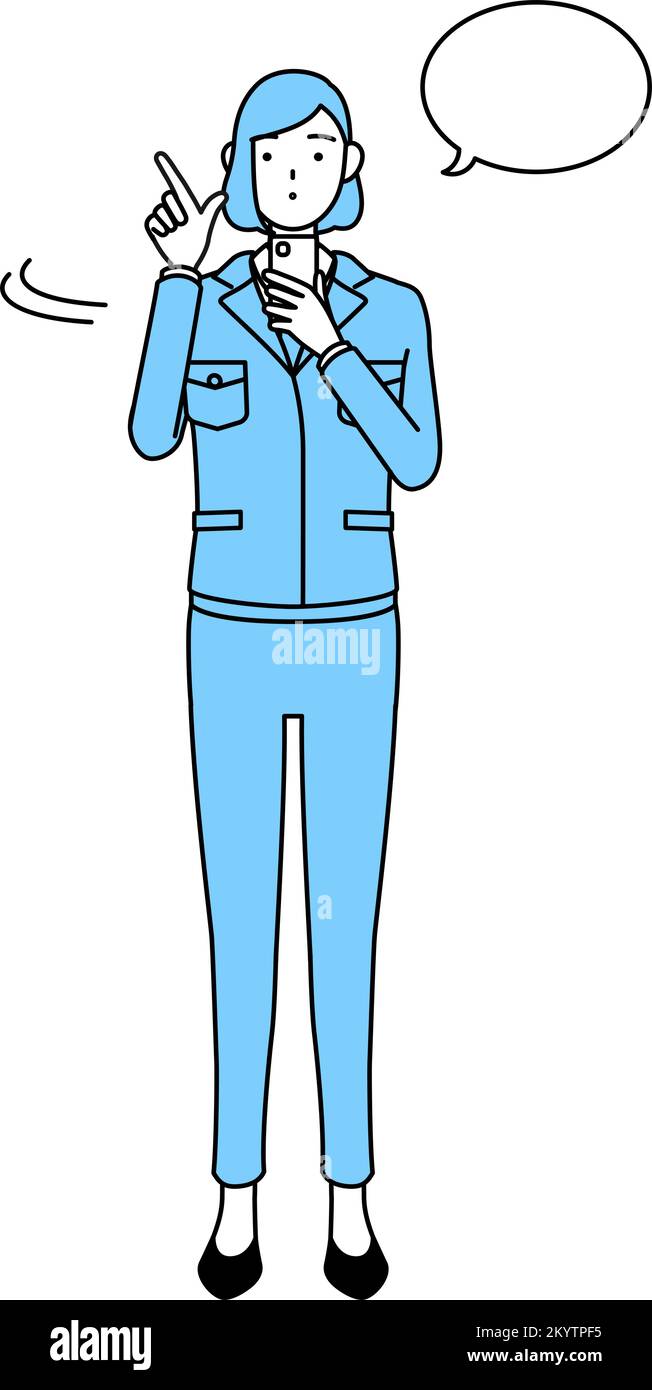 Simple line drawing illustration of a woman in work wear operating a ...