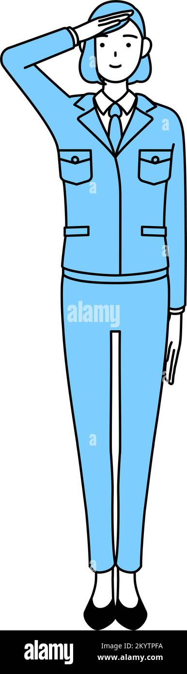 Simple line drawing illustration of a woman in work wear giving a ...