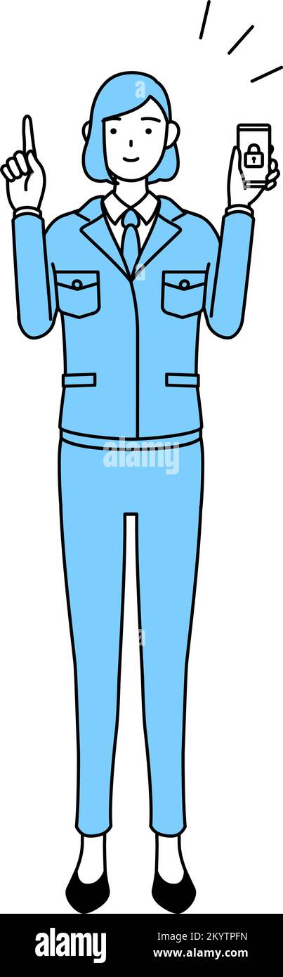 Simple line drawing illustration of a woman in work wear taking ...