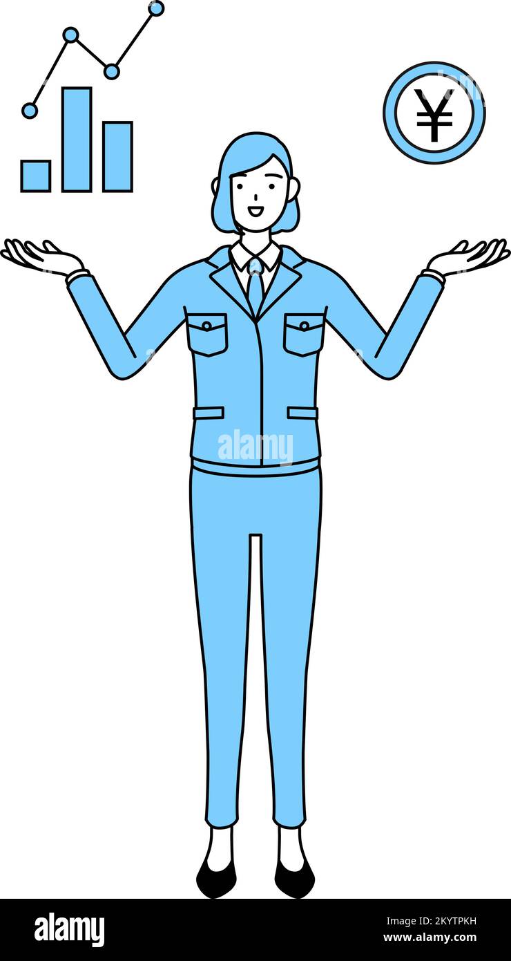 Simple line drawing illustration of a woman in work wear guiding an ...