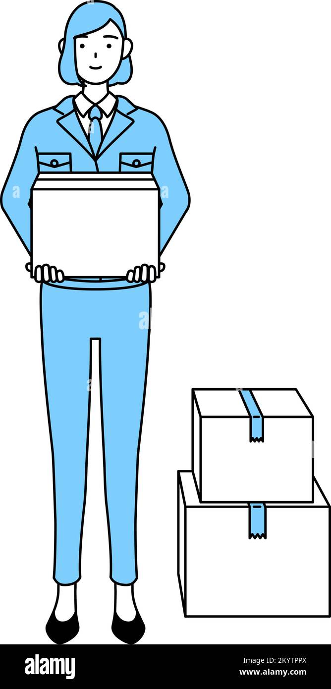 Simple line drawing illustration of a woman in work wear holding a ...