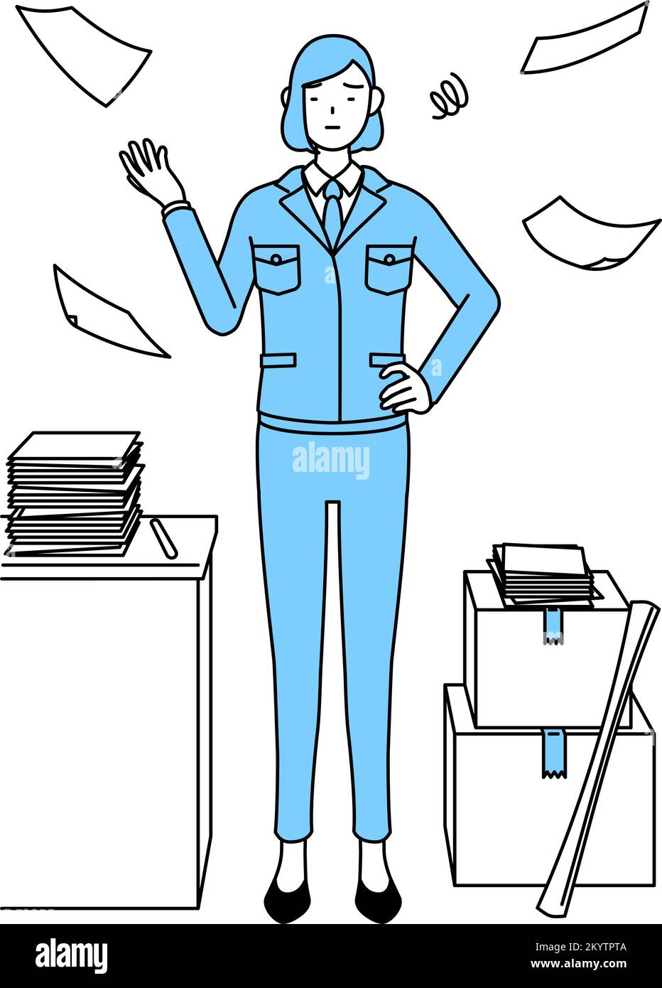 Simple line drawing illustration of a woman in work wear who is fed up ...