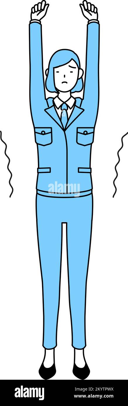 Simple line drawing illustration of a woman in work wear stretching and ...