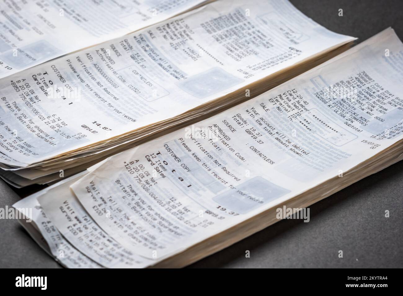 British shopping receipt stacks background in england uk Stock Photo ...