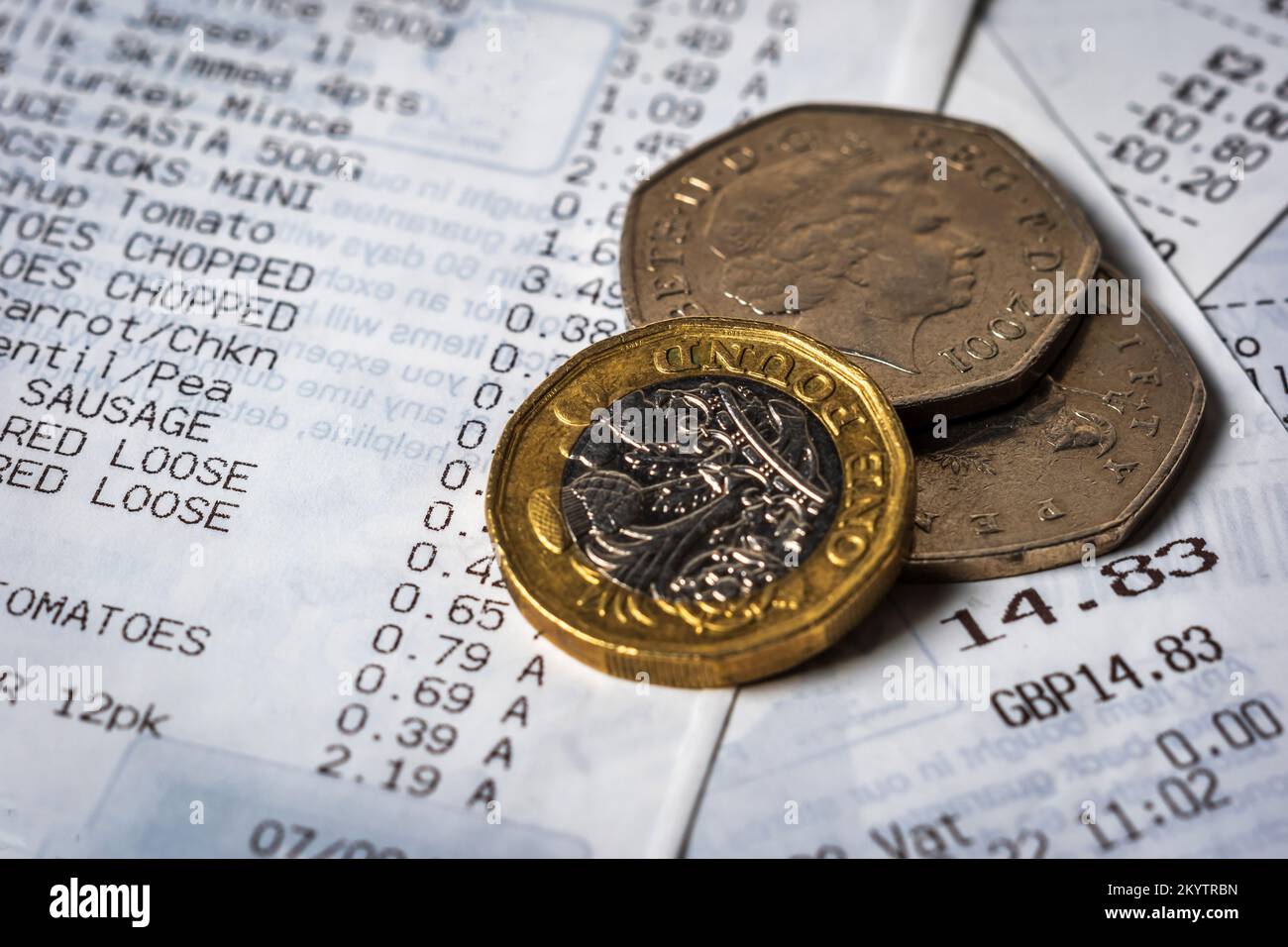 British shopping receipt with coin change over it in england uk Stock ...