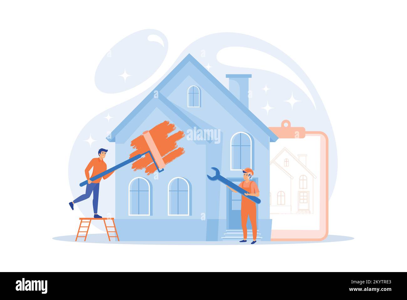 Workers with paintbrush and wrench improving the house. House ...
