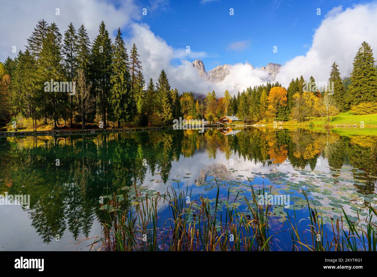 Welsperg lake with the Pale di San Marino in the background (Dolomites ...