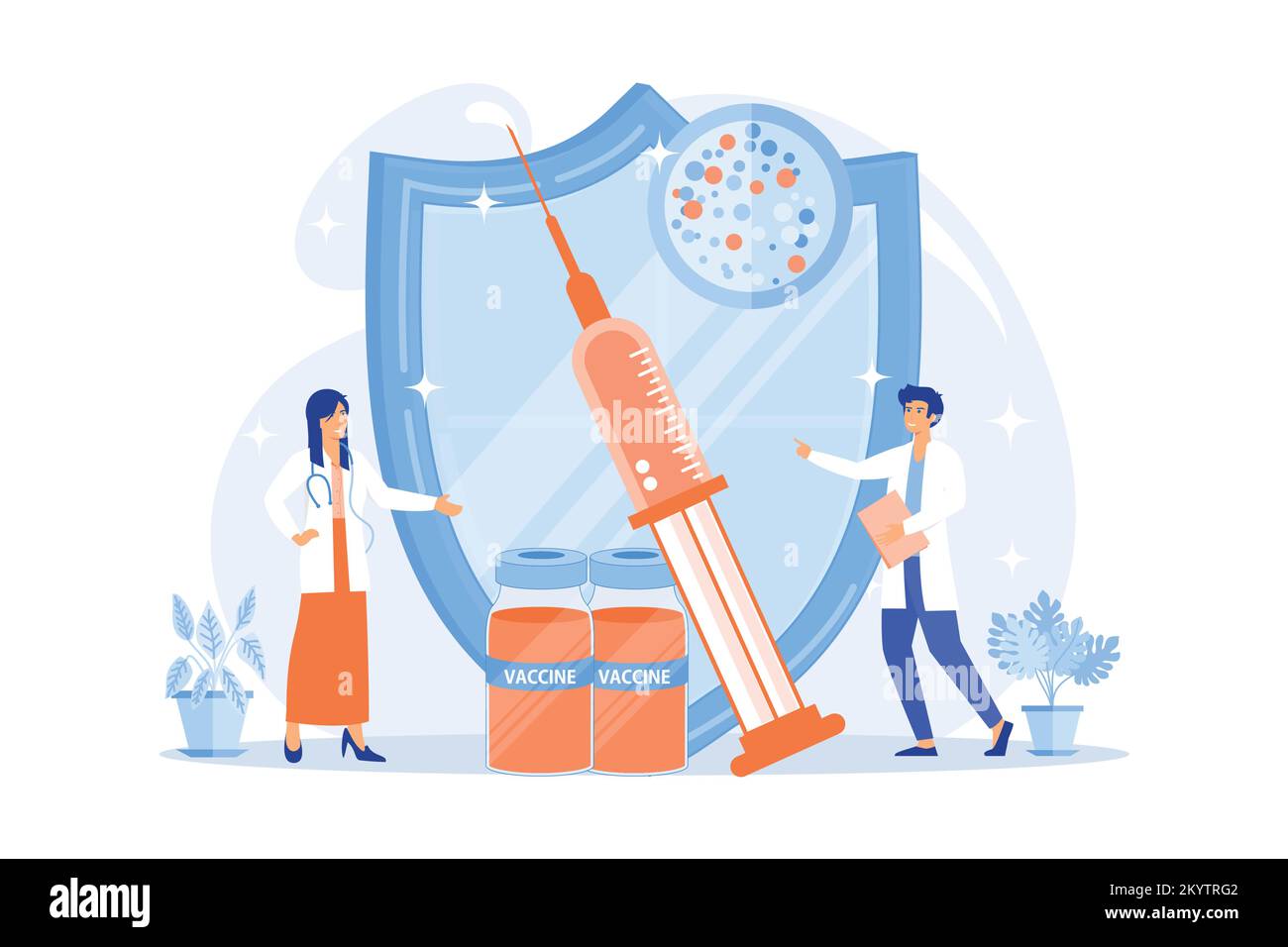 Tiny people doctors and syringe with vaccine, shield. Vaccination ...