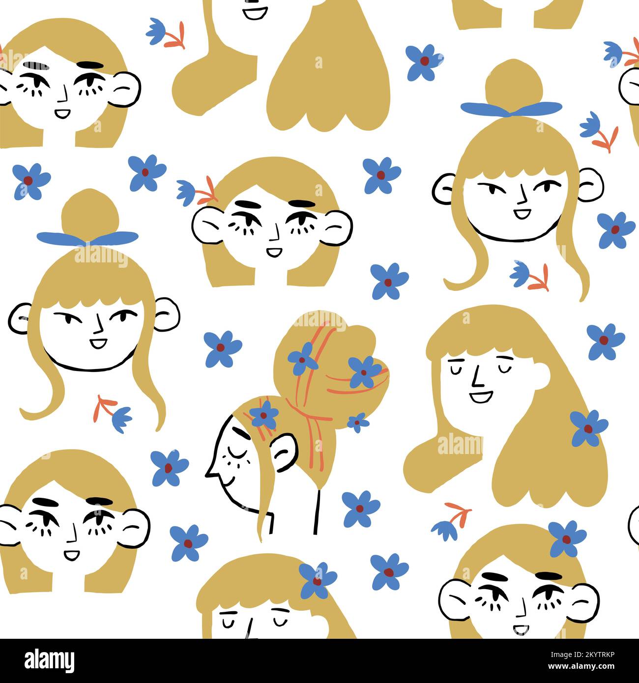 Vector seamless pattern with romantic girls with blond hair. Spring ...