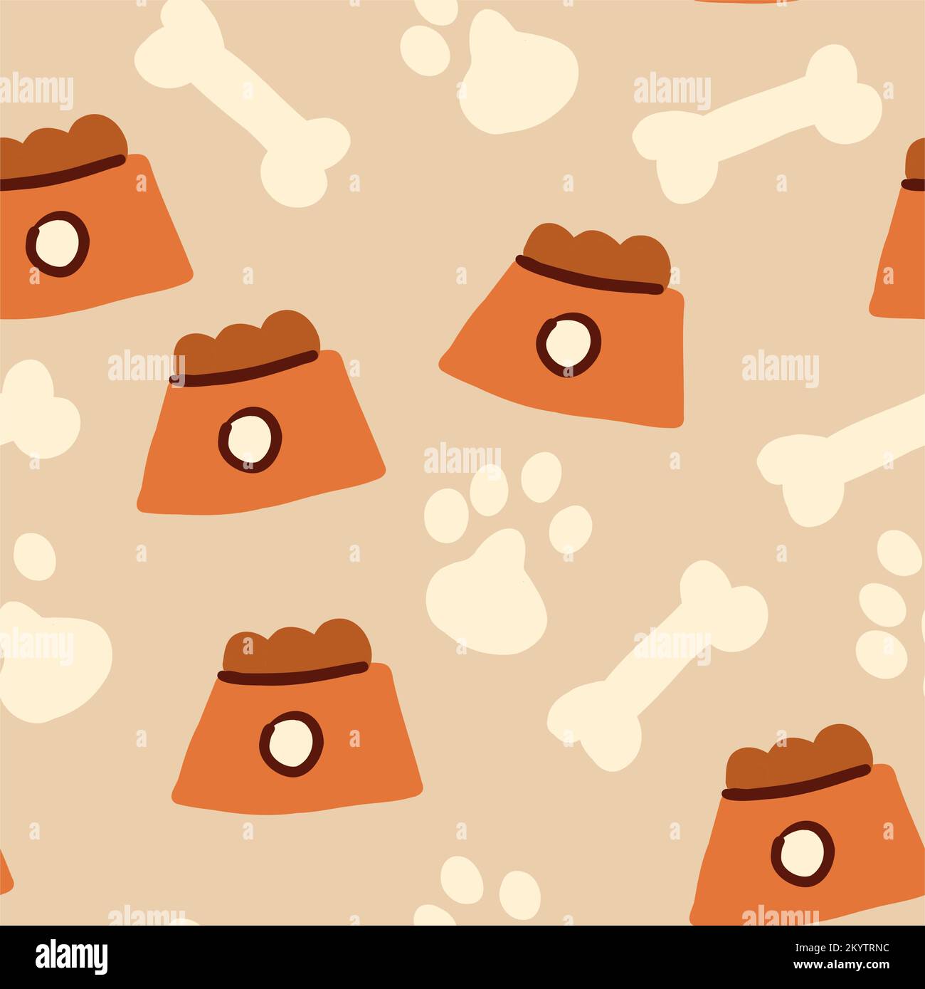 Vector seamless pattern with bowls filled with dog food on beige ...