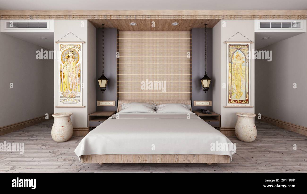 Hotel resort room 3d render. Tropical and minimalist style bedroom ...