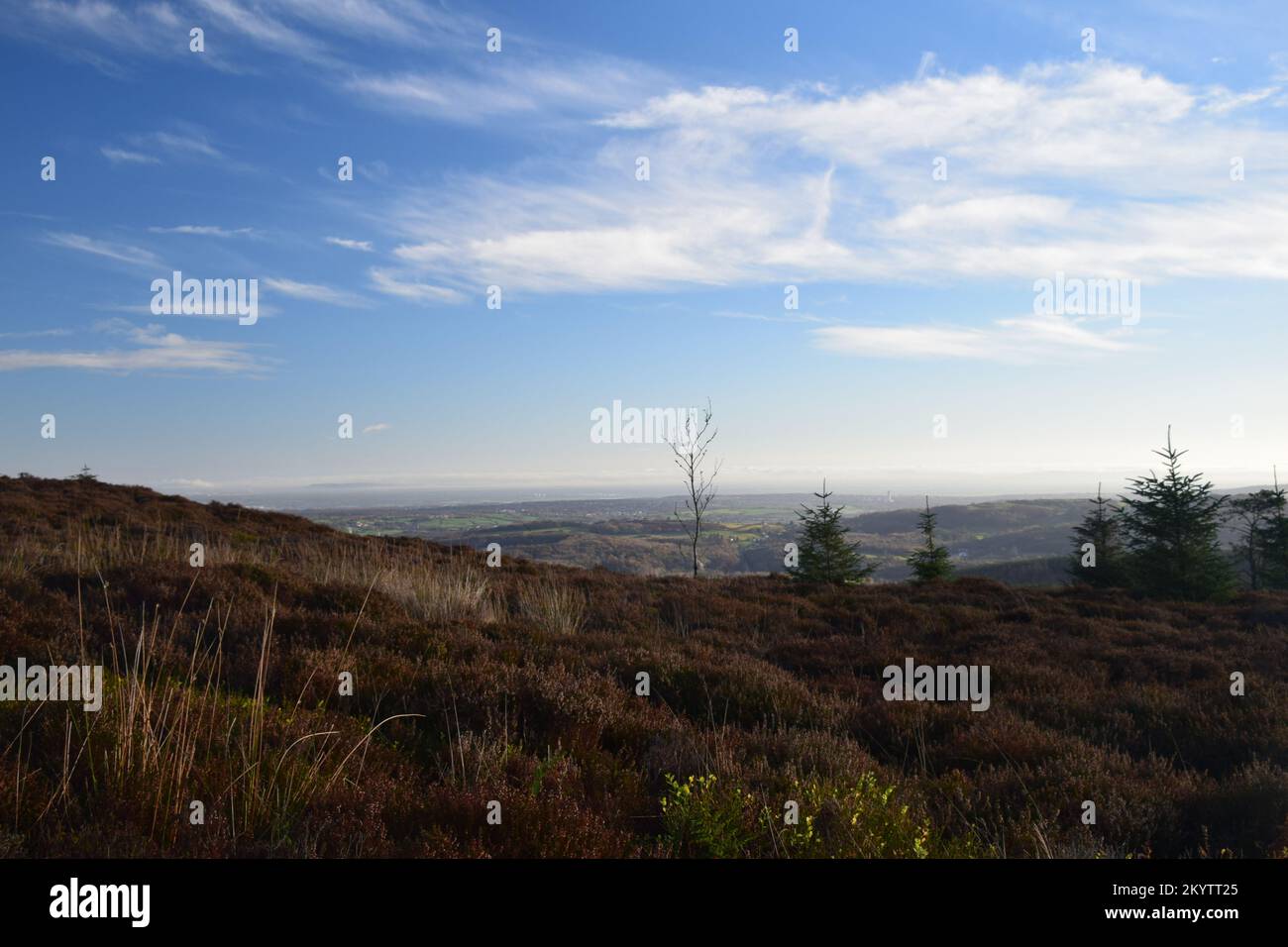 Distant views from a hilltop in Wales highlight broad sky and ...