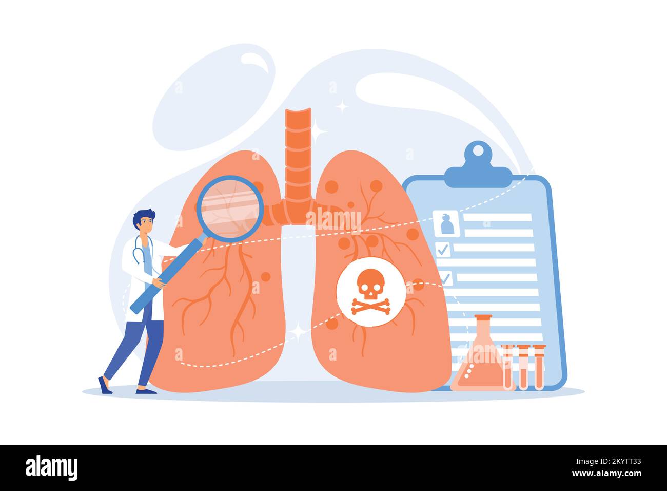 Doctor with magnifier and lungs with skull and crossbones. Lower ...