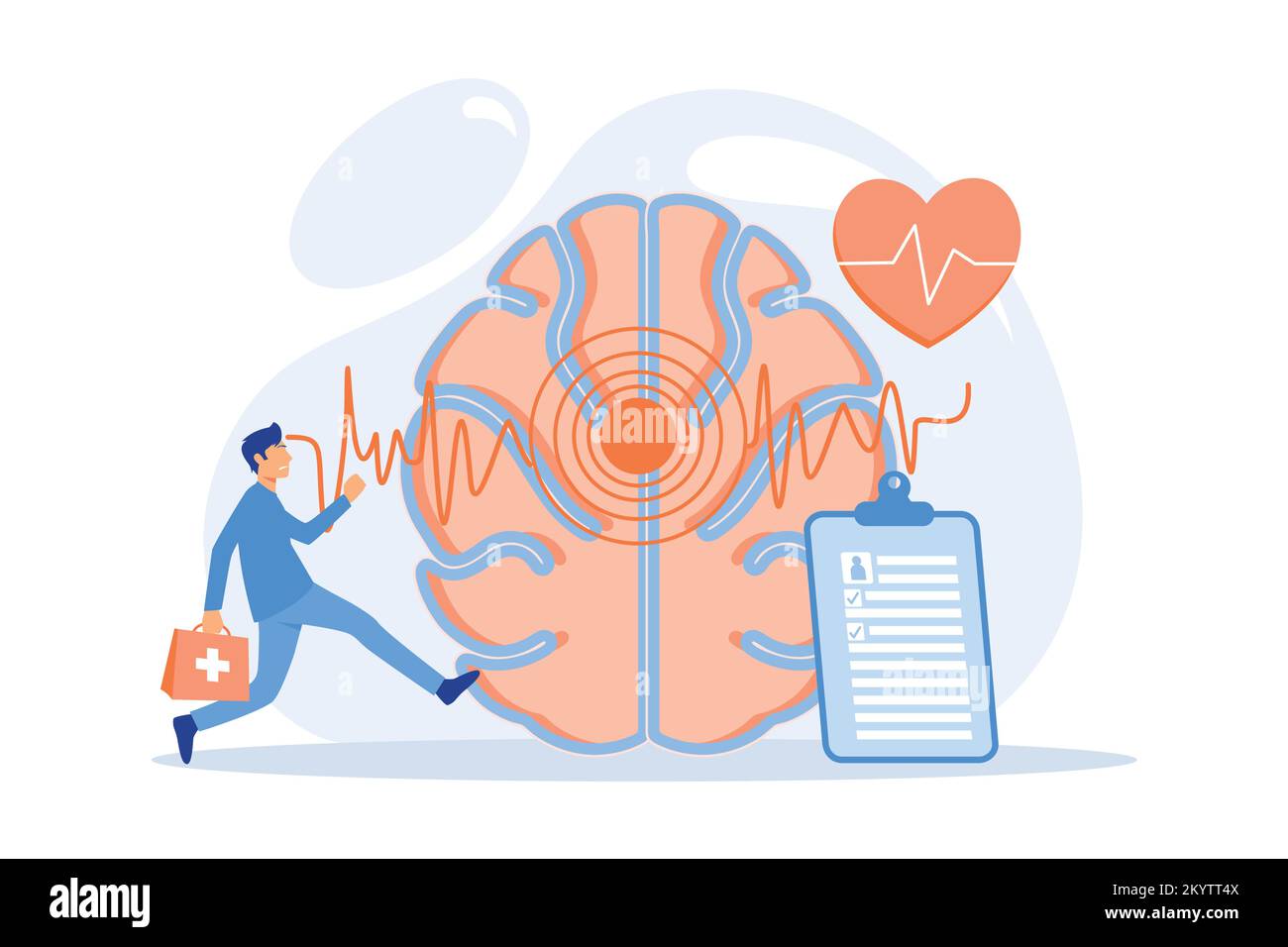 Huge brain with red circles pain epicenter and doctor running. Stroke ...