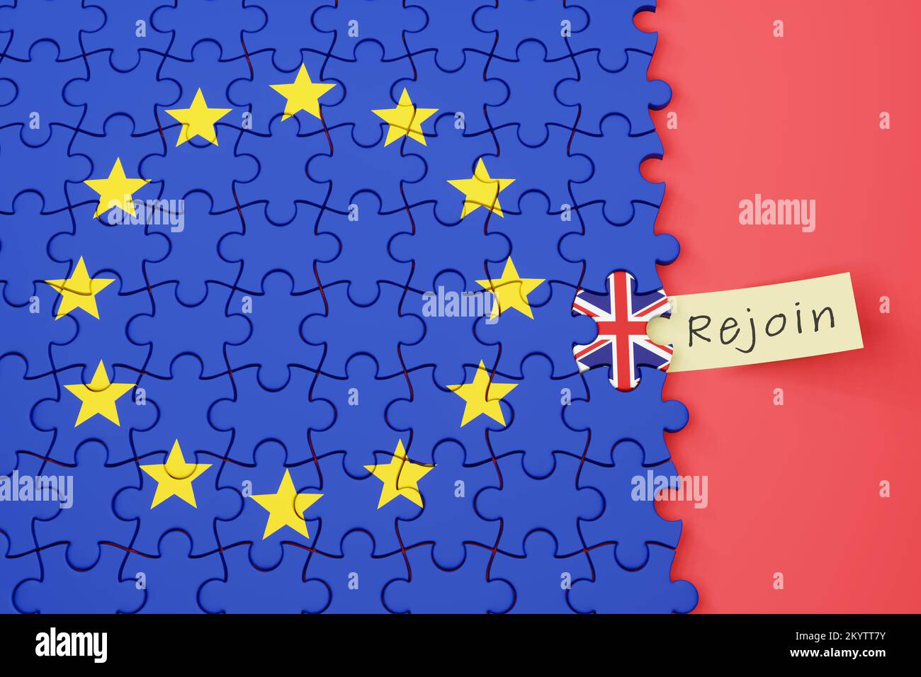 Jigsaw puzzle of national flag of European Union with a piece of the UK ...