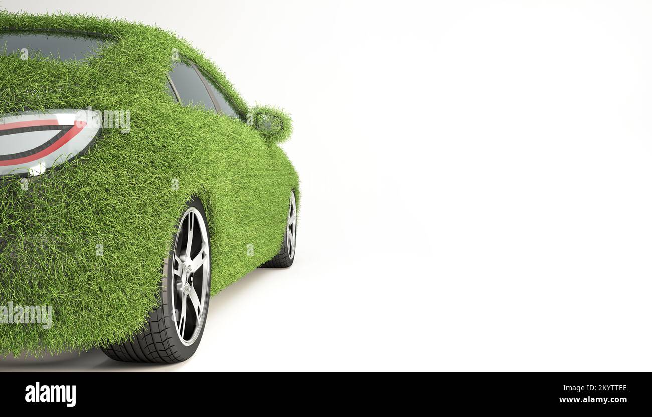 Eco friendly car concept, EV car covered with realistic grass isolated ...