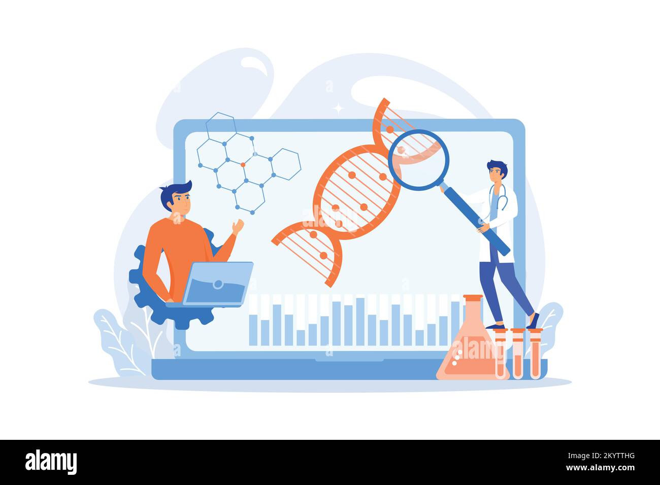 Scientists looking at DNA and charts with magnifier on laptop ...