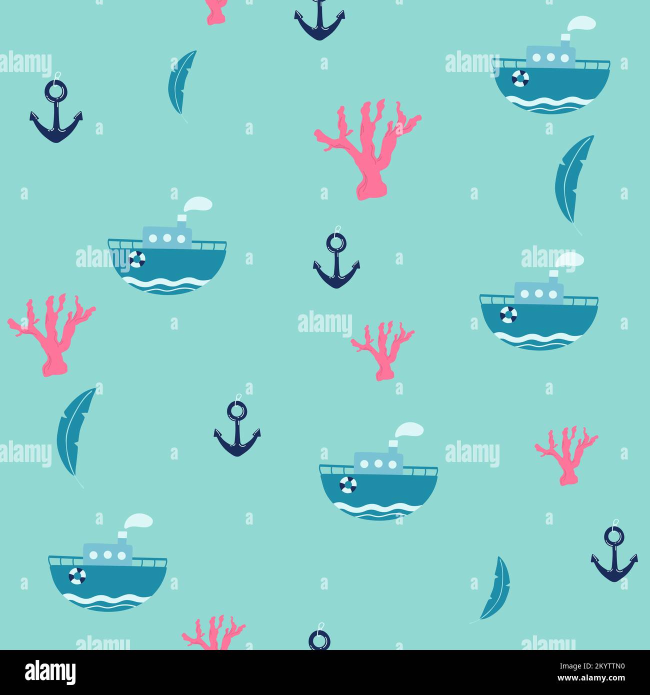 Marine seamless pattern with cartoon boats on blue background Stock ...