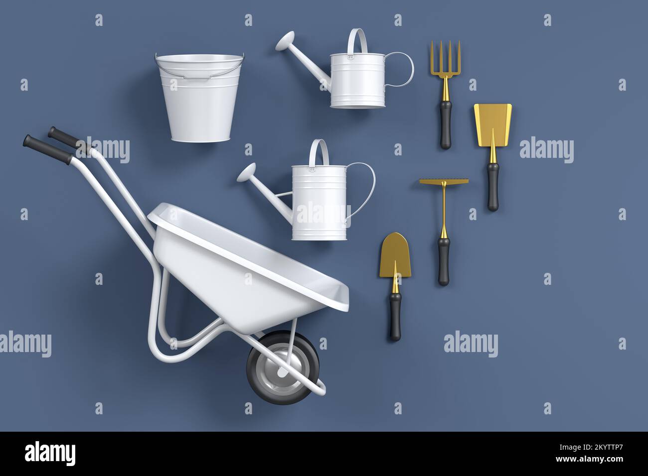 Garden wheelbarrow with garden tools like shovel, rake and fork on grey ...