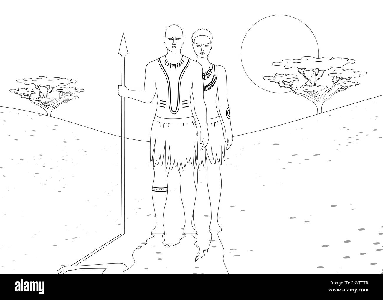 Aborigine people with body art and ethnic dress, coloring book page ...