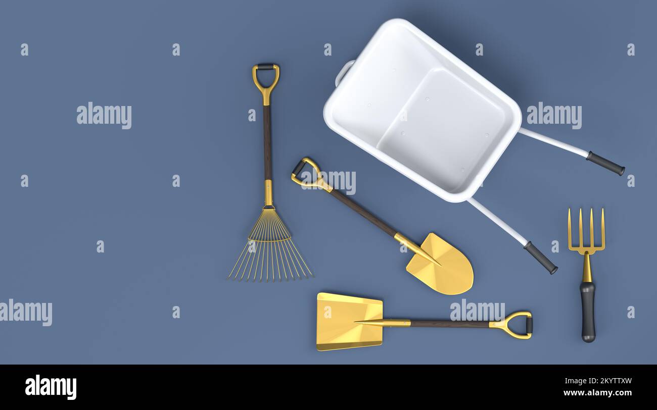Garden wheelbarrow with garden tools like shovel, rake and fork on grey ...