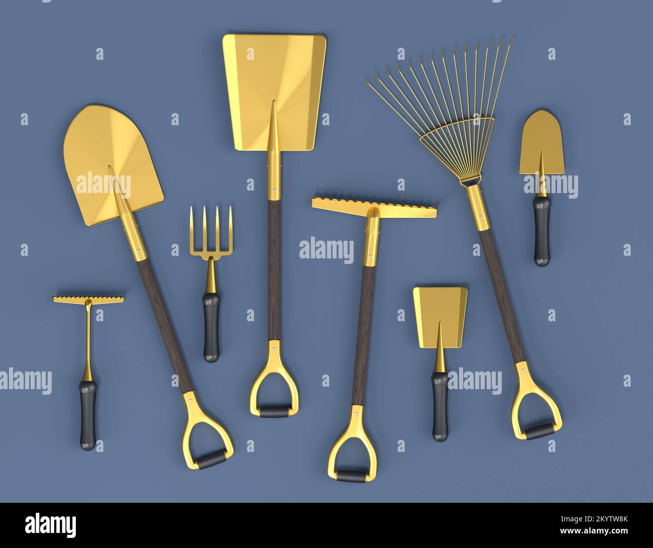 Garden shovel, pitchfork and rake on grey background. 3d render of ...